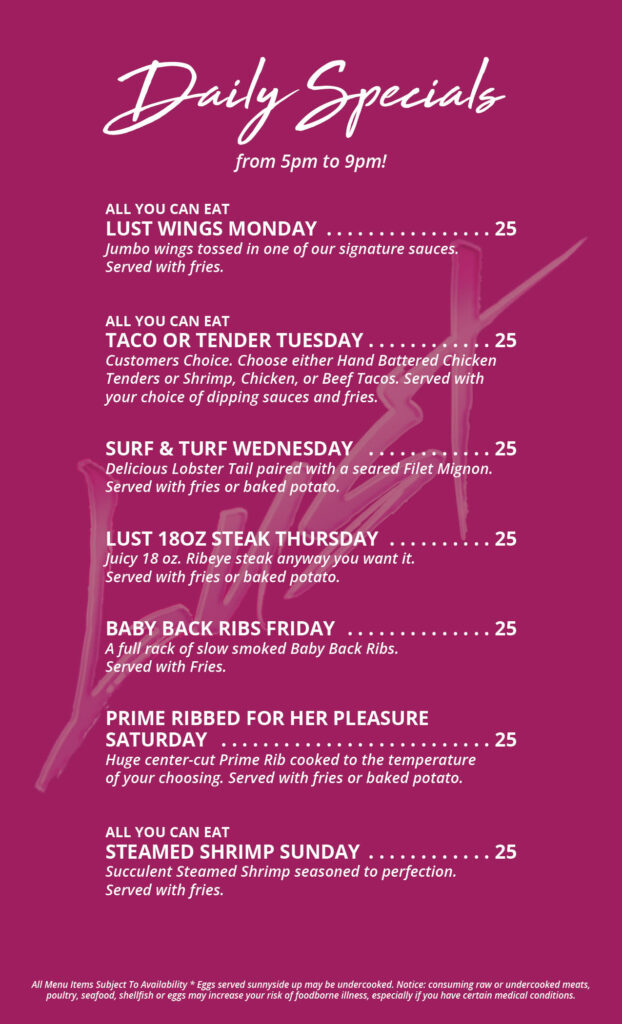 Food Menus - Open Daily For Lunch & Dinner - Weekend Breakfast : Lust